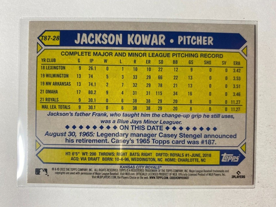 Jackson Kowar 2022 Topps Series 1 1987 Kansas City Royals #T87-28 ...