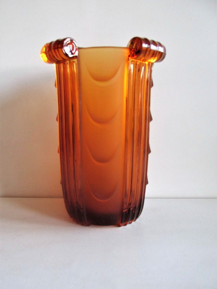 Vintage ART DECO Czech/Bohemian Amber Pressed Glass VASE 1950's Signed ...