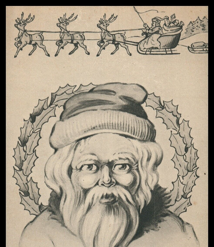 c1900 Fab Christmas Santa Stocking Wreath Reindeer Sleigh Pulling Sled ...