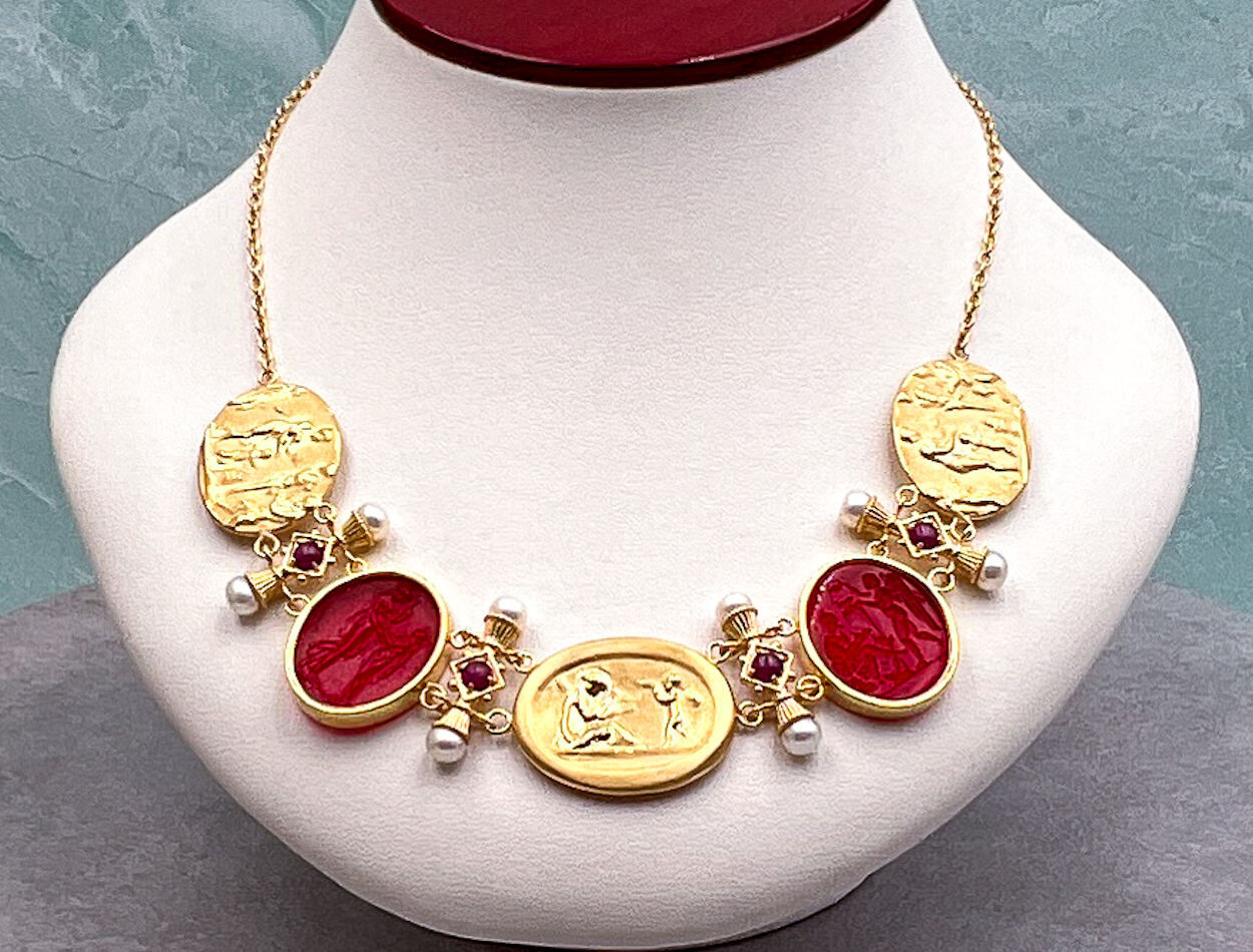 TAGLIAMONTE (SH504N-Red) 18K Cameo Necklace*31.8GM*Rubies,Pearls*Reg ...
