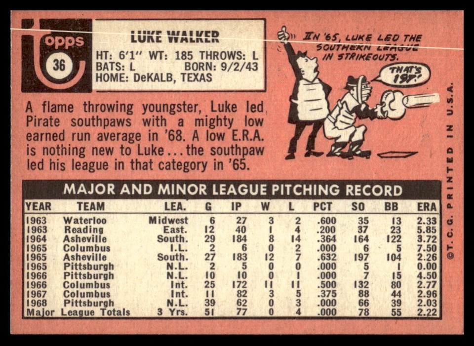 1969 Topps #36 Luke Walker Pittsburgh Pirates NM-MT | eBay
