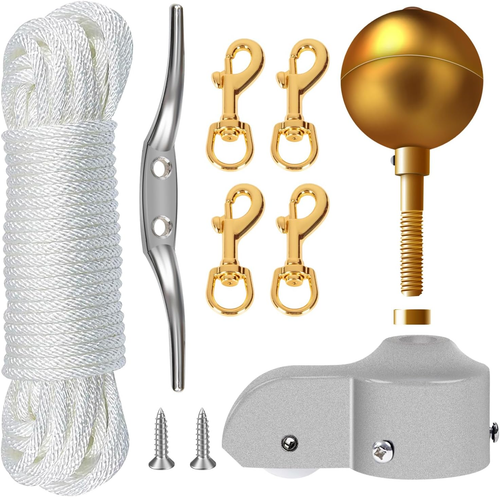 Flagpole Hardware Repair Parts Kit-50 Feet Halyard Rope+3" Gold Ball ...