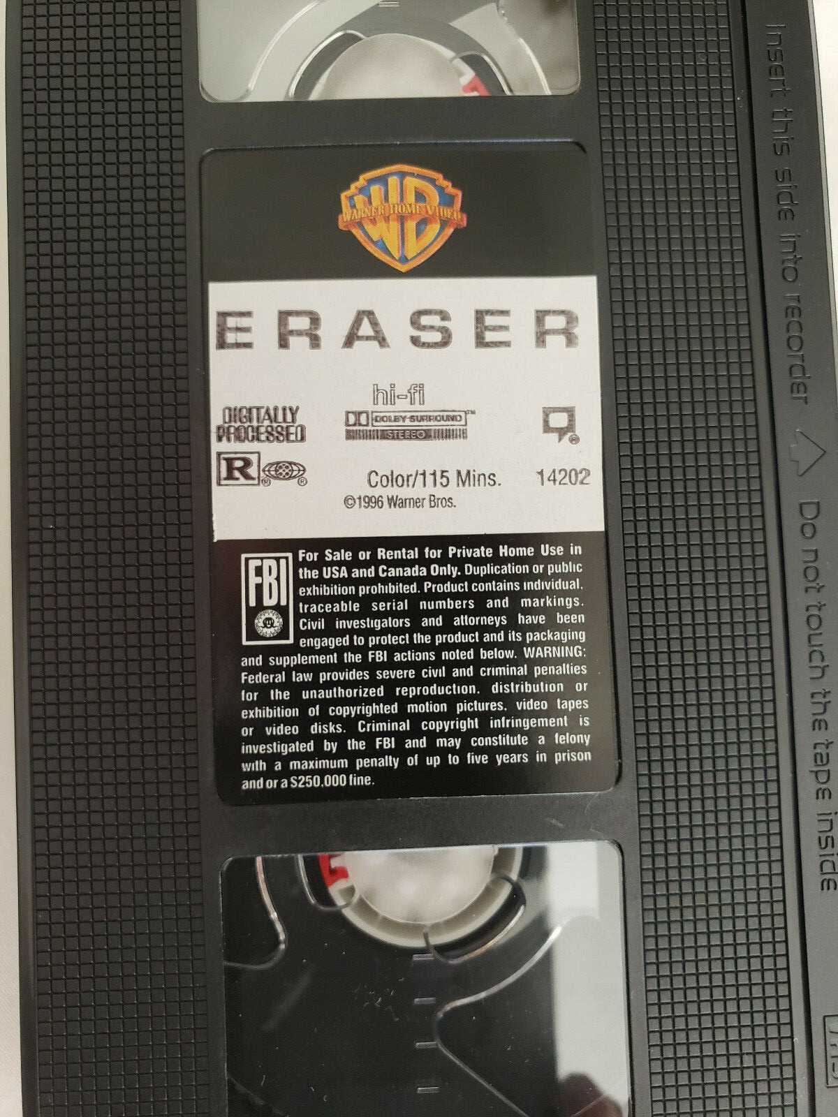 Eraser 1996 VHS Movie VCR Arnold Schwarzenegger Vanessa Williams James ...