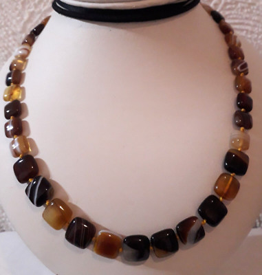 BROWN BANDED AGATE NECKLACE MOCHA KNOTTED STERLING 925 SILVER UNISEX 19 ...