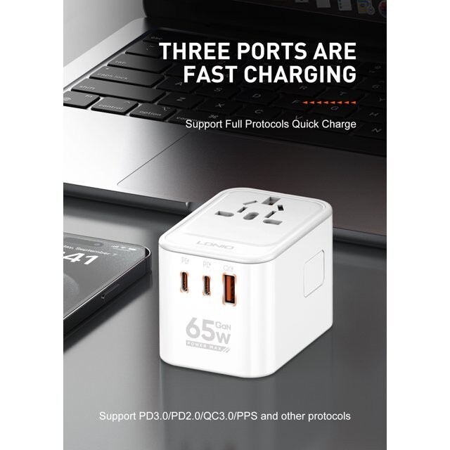 Travel Adapter International Universal 65W Charge Ports Converter Plug ...
