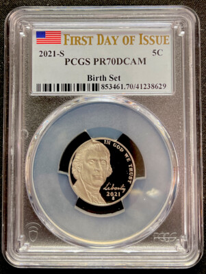2021-S Proof Jefferson Nickel PCGS PR70 DCAM FDOI Birth Set ENN Coins ...