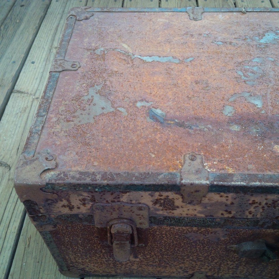 Antique Steamer Trunk Original Hardware Metal Nautical Foot Locker ...