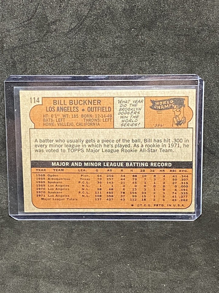 Bill Buckner #114 All-Star Rookie 1972 Topps Baseball Los Angeles ...