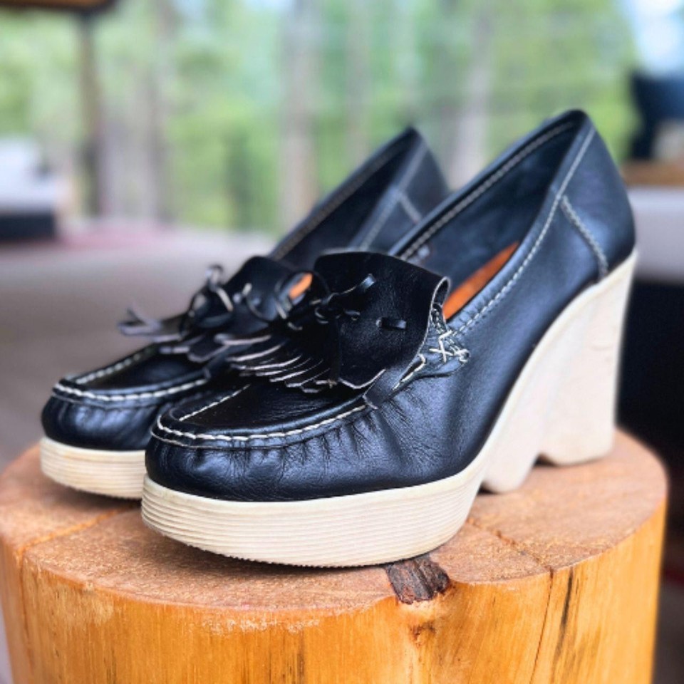 Famolare Hi There Retro Black Leather Wedge Platform Oxford Loafer 8.5 ...
