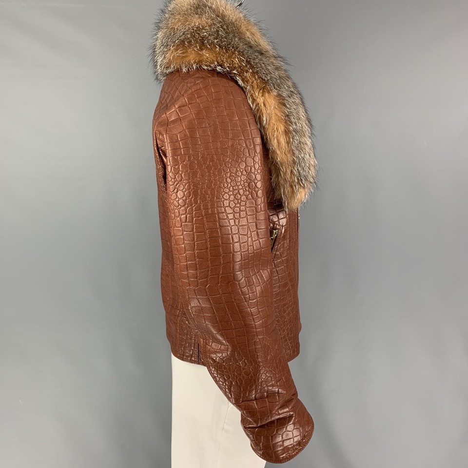 JAKE WOOD Size XL Brown Embossed Leather Biker Jacket | eBay
