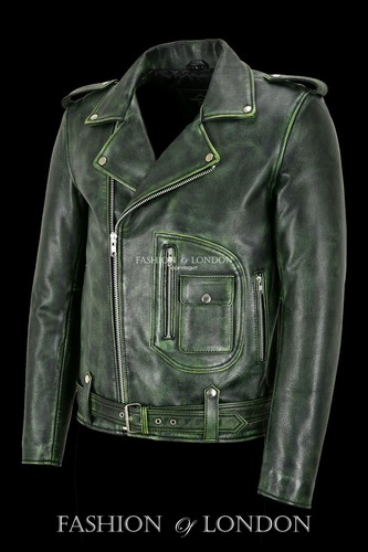 Men's Real Leather Riding Jacket Green Vintage Thick Cowhide Brando ...