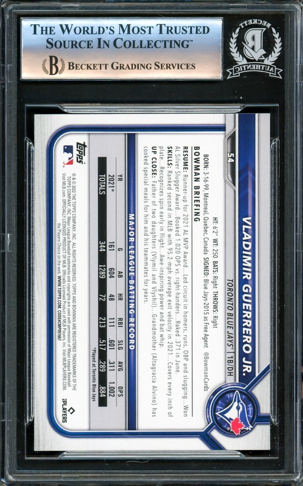 Vladimir Guerrero Jr. Autographed 2022 Bowman Card Blue Jays Beckett ...