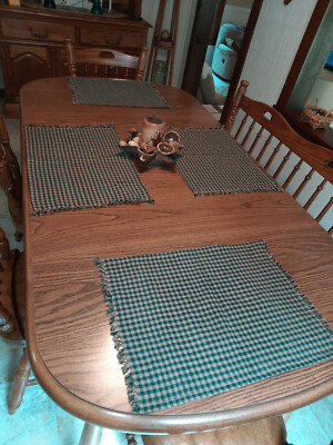 Set of 4 Fringed Checked Green & Tan Placemats & Matching Table Runner ...