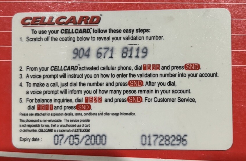 PHILIPPINES PHONECARD: CELLCARD EXTELCOM 500 PESOS | eBay
