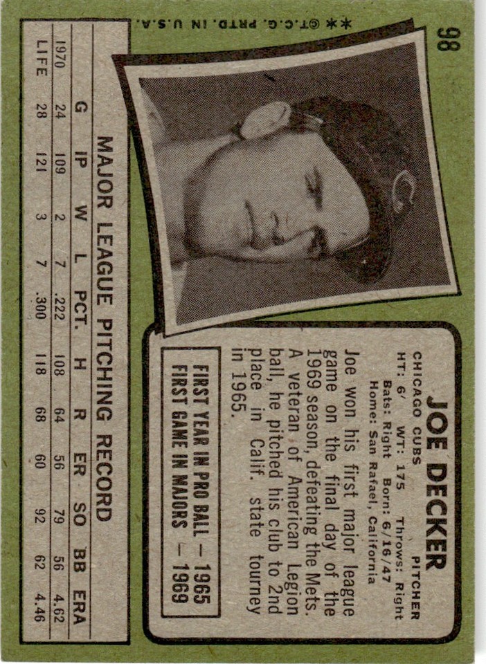 1971 Topps Joe Decker RC Chicago Cubs #98 | eBay