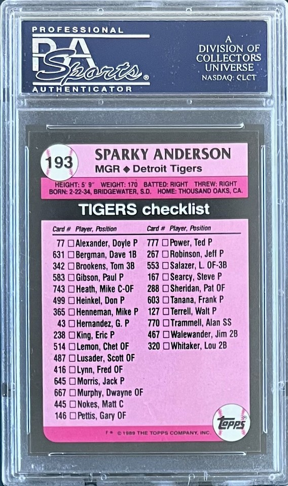 1989 TOPPS TIFFANY #193 MANAGER SPARKY ANDERSON HOF PSA 10 GEM MT ...