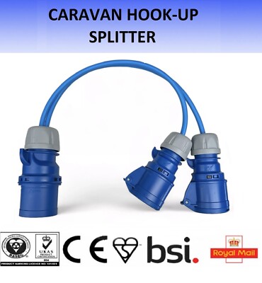 32 AMP TO 2 X 16 AMP SOCKETS 2WAY BLUE SPLITTER 240V CARAVAN HOOK UP ...