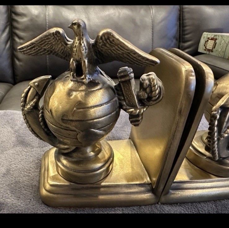 Vtg Gold Brass US Marine Corps EGA Bookend Sarsaparilla Eagle Globe And ...