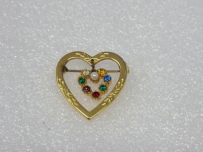 Vintage Gold Tone Heart Brooch Pin Multi Colored Rhinestones & Faux ...