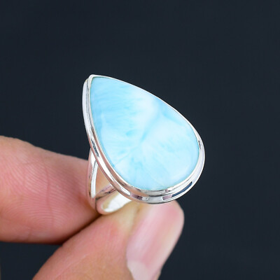 Larimar Solid 925 Sterling Silver Teardrop Split Shank Ring For Women ...