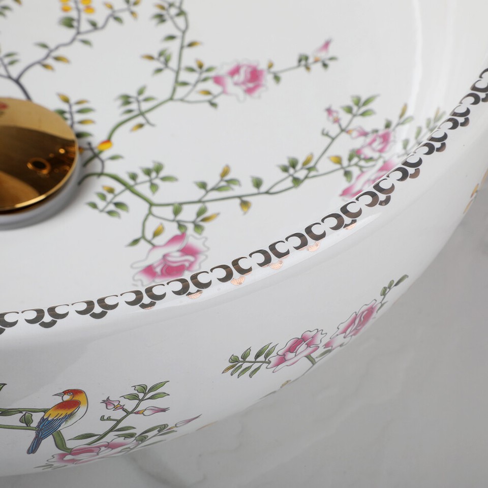 White Round Bathroom Sink Flower Ceramic Basin Mixer Deck Mount Golden ...