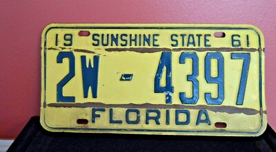 Vintage 1961 Florida Vehicle License Plate Sunshine State Tag 2W - 4397 ...