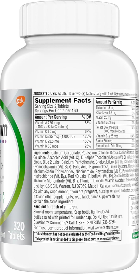 Centrum Silver Multivitamin Tablet for Adults 50 Plus - 320 Ct ...