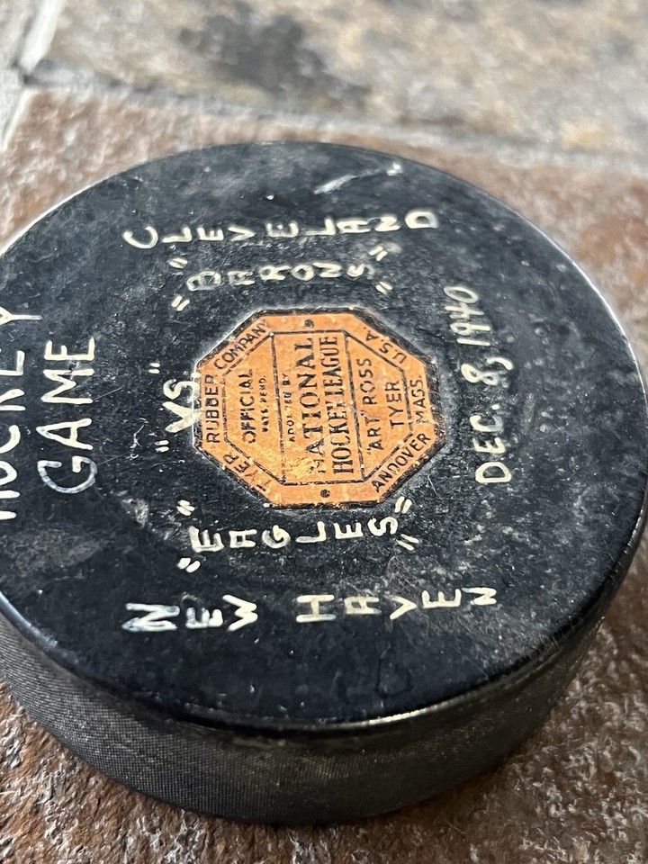 Andover NHL Hockey Puck Art Ross Tyer 1940 New Haven Eagles Barons Pat ...