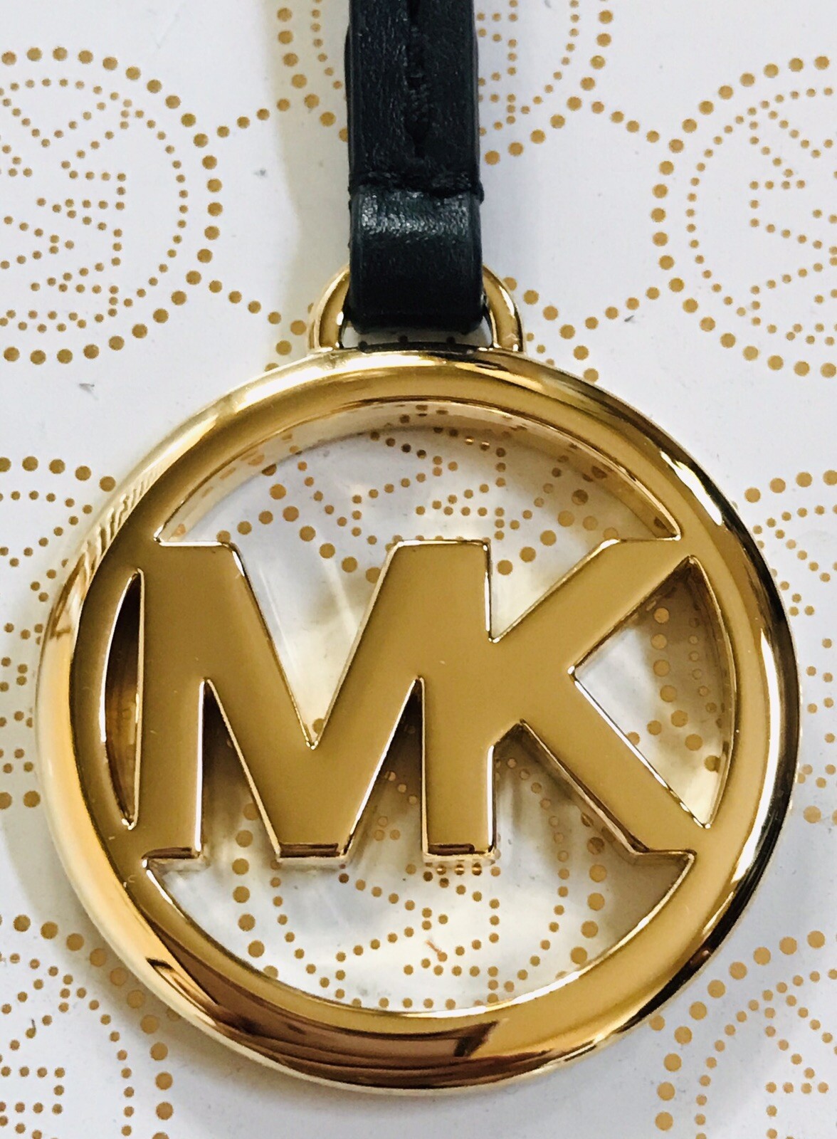 New Michael Kors MK Logo Gold Charm / Black Leather Strap Handbag Hang ...