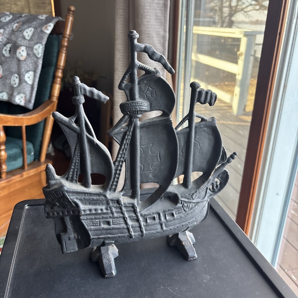 Vintage Cast Iron Pirate Ship Door Stopper Shelf Decor Spanish Galleon ...
