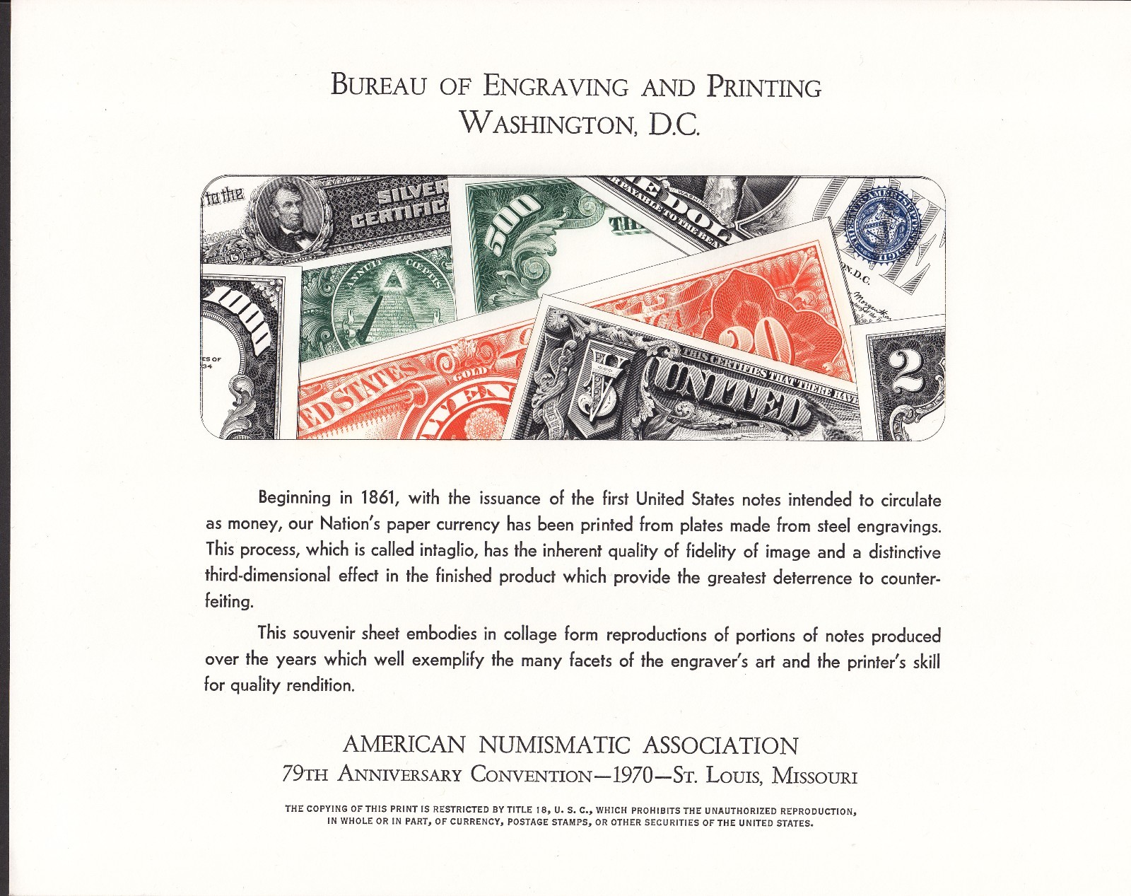 US 1970 ANA Show BEP Souvenir Cards # B7 Multi-Color Currency Collage ...