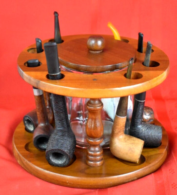 Vintage Pipe Stand Rack Ribbed Glass Humidor Jar w/8 Assorted Pipes ...