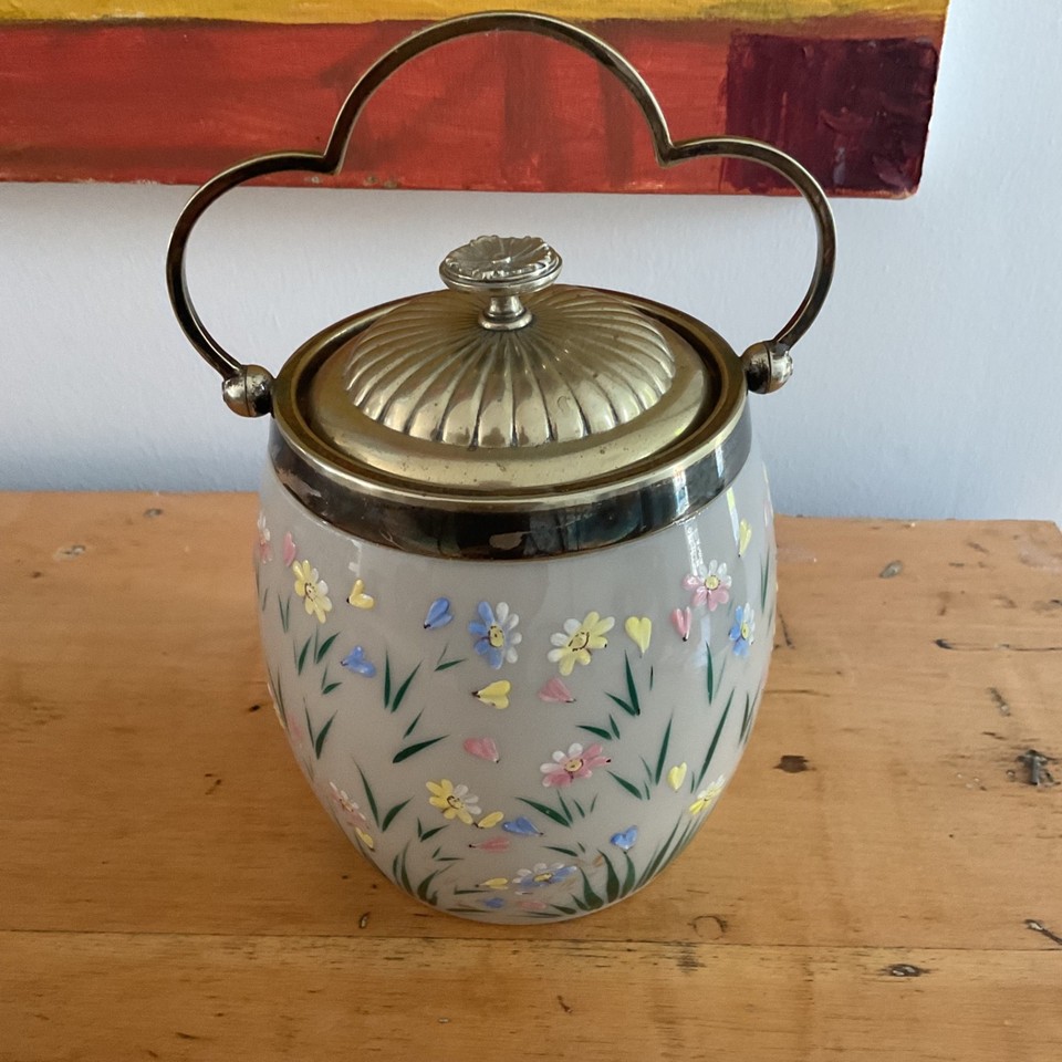 Antique Glass Hand Painted Enamel Biscuit Barrel Jar, Silver Plated ...