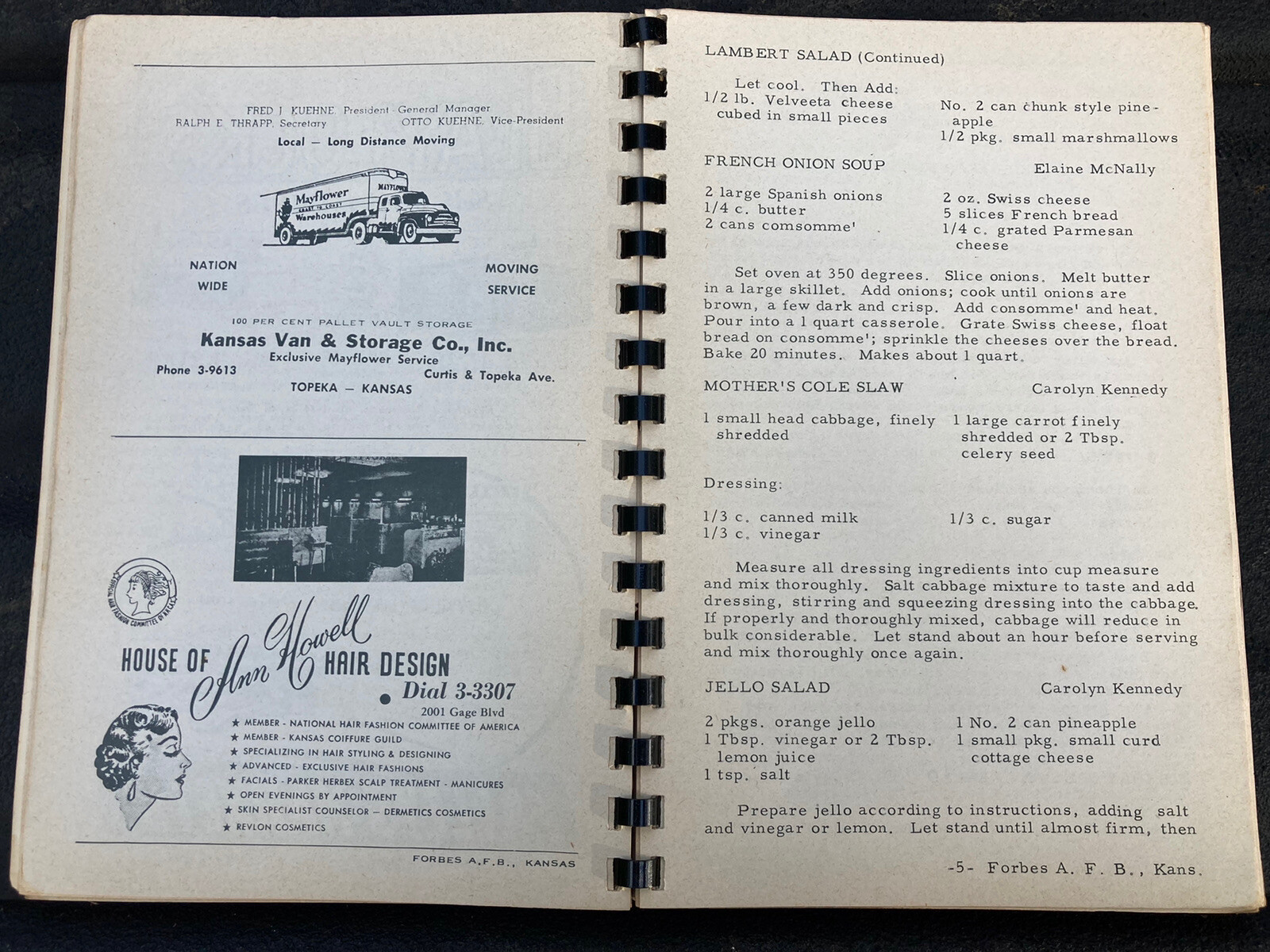 Early vintage 1955 FORBES AIR FORCE BASE - TOPEKA, KANSAS Army cookbook ...