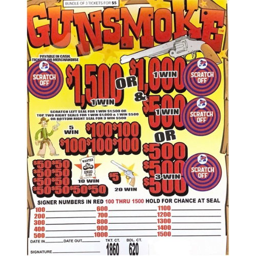 GUNSMOKE TIP JAR 5 POINT/500P 3-FOLD PAPER TICKETS JAR TICKET PARTY BAR ...
