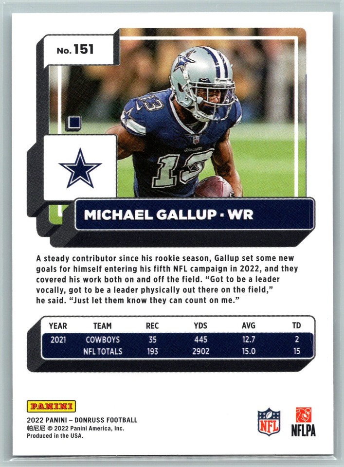 Michael Gallup 2022 Panini Donruss Football #151 Dallas Cowboys NFL ...