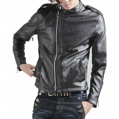 Men's Jacket Leather Genuine Lambskin Diagonal Zipper Biker Leather For ...