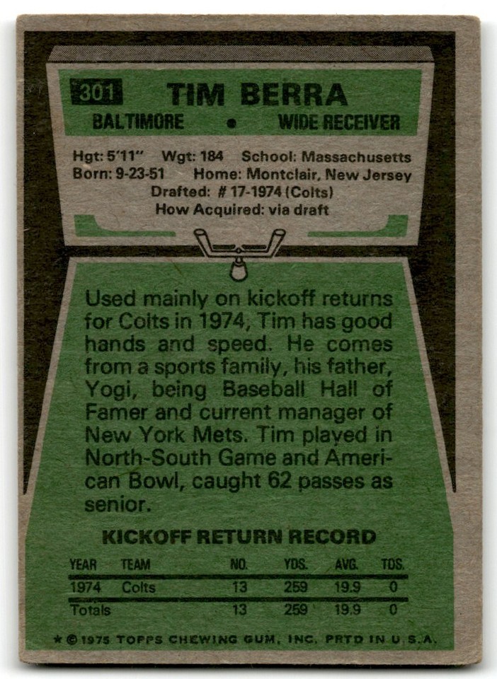 1975 TOPPS TIM BERRA RC BALTIMORE COLTS #301 | eBay