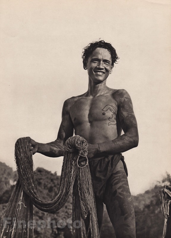 1940s Original BORNEO SEMI NUDE IBAN MALE Tattoo Fishing Photo Gravure ...