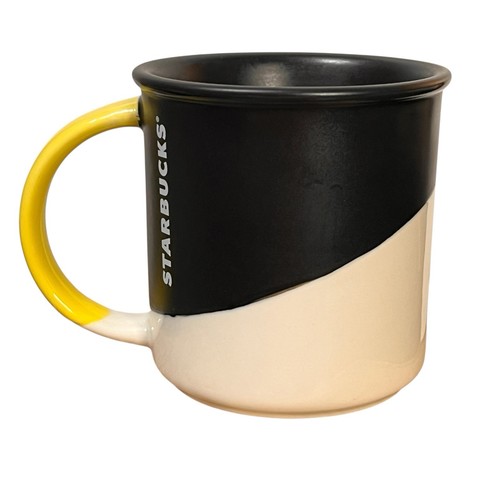 Starbucks Matte Black White Angle Dipped Glaze Yellow Handle Coffee Mug ...
