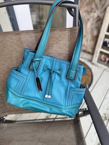 Tignanello Teal Super Stitch Shopper Drawstring Bag Purse Tote | eBay