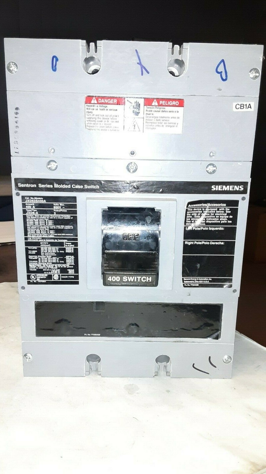 Siemens Sentron JXD63S400A 600V 400A 3 Pole Circuit Breaker Type JXD6-A ...