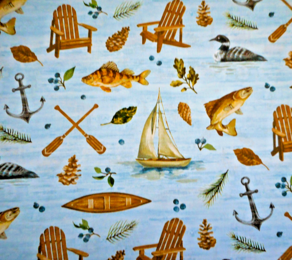 Quilt Fabric By Yard Lakeside Retreat Chair Oars Fish Boat Blue Premium ...