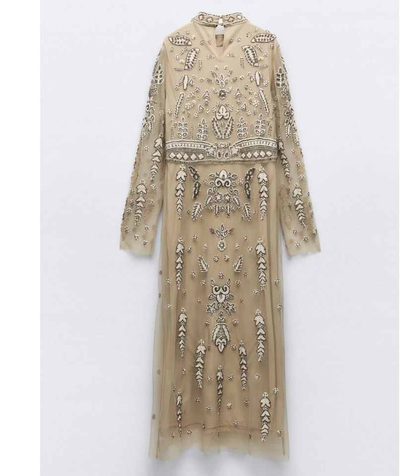 ZARA $229 KNIT DRESS EMBROIDERY BEADED OLIVE GREEN Limited Edition S M ...