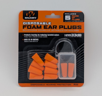 Walker's Disposable Foam Ear Plugs ANSI S3.19 NRR 33 dB 5 Pairs w/ Case ...