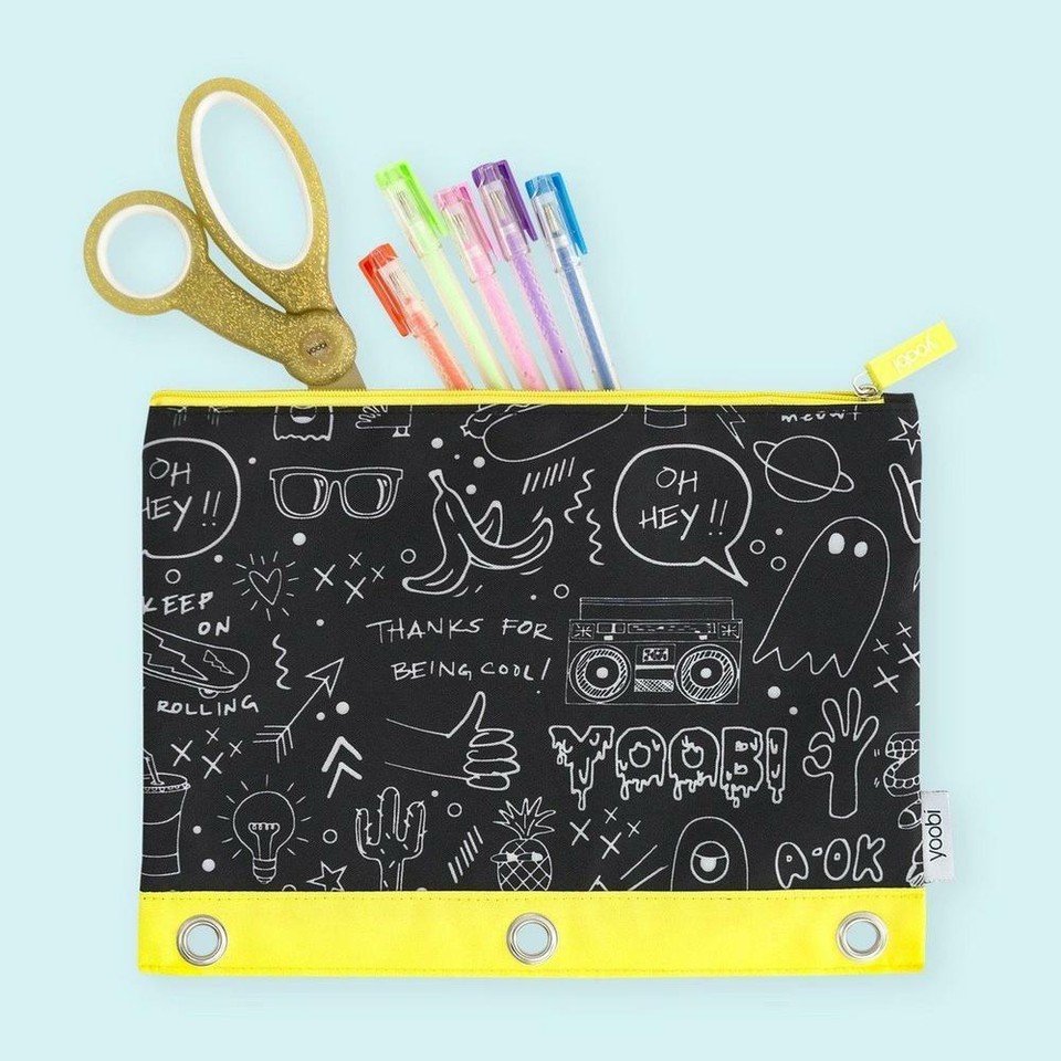 Yoobi Brand ~ Binder Zip Case ~ Black ~ White ~ Yellow ~ Doodles | eBay