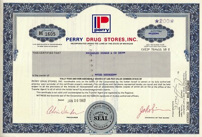 Perry Drug Stores Inc., Michigan, 1983 (200 Shares) Charles Schwab & Co ...