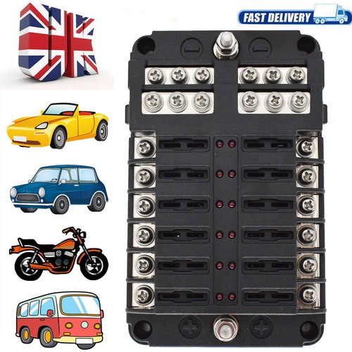 12V-32V Fuse Box with Negative Bus Blade Holder Block 12 Way with LED ...