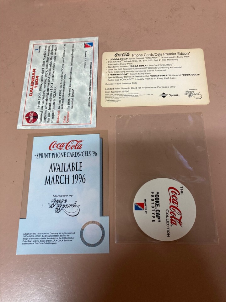 4 different 1995 1996 Coca-Cola promotional cards caps sprint credit ...