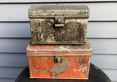 Antique lot primitive tin document deed boxes w/ latch toleware red ...